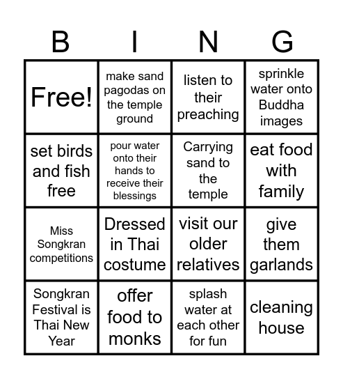 Songkran Festival Bingo Card