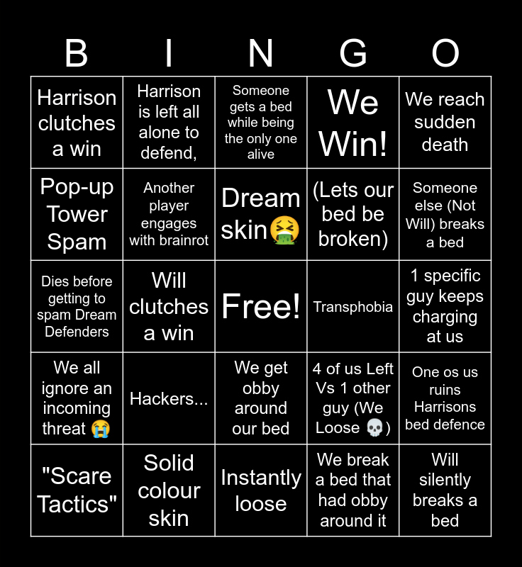 Bed Wars Bingo! Bingo Card