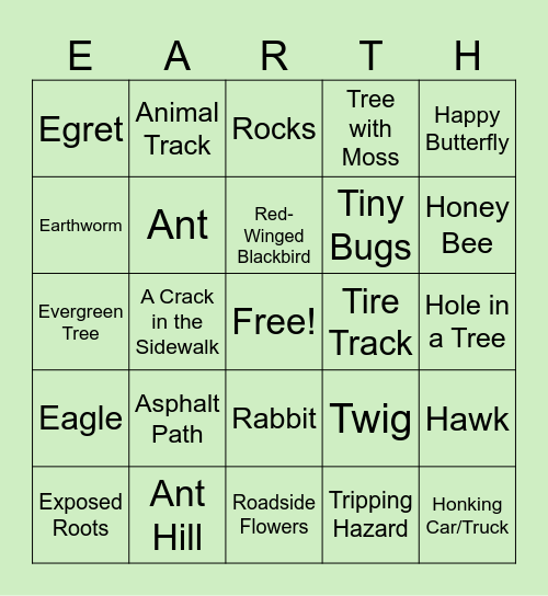 Earth Nature Walk BINGO Card