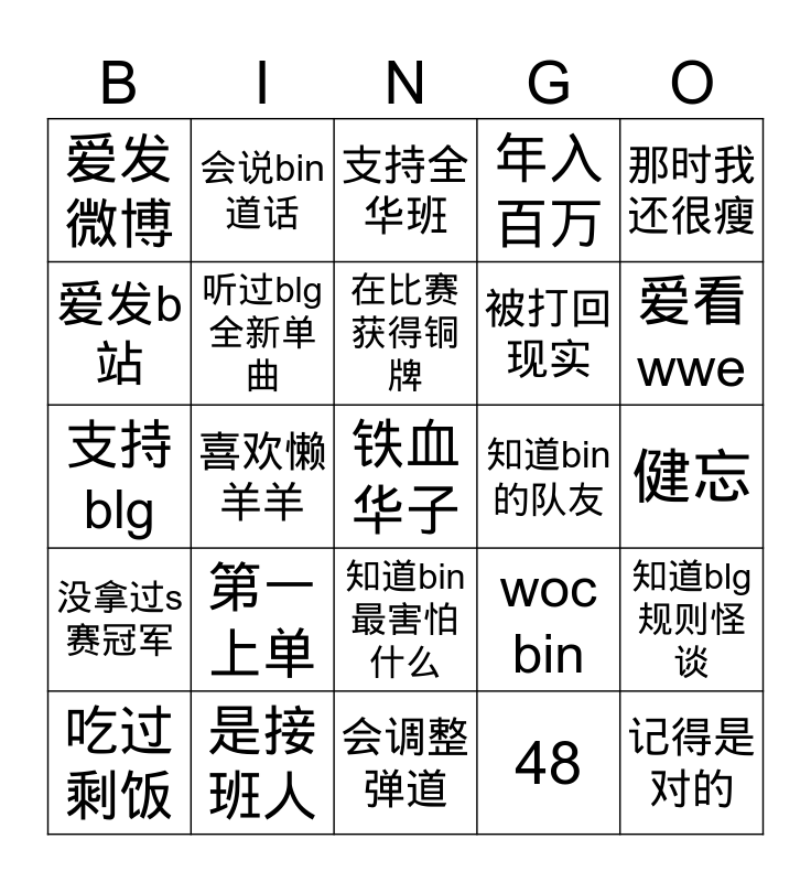 Bin go Bingo Card