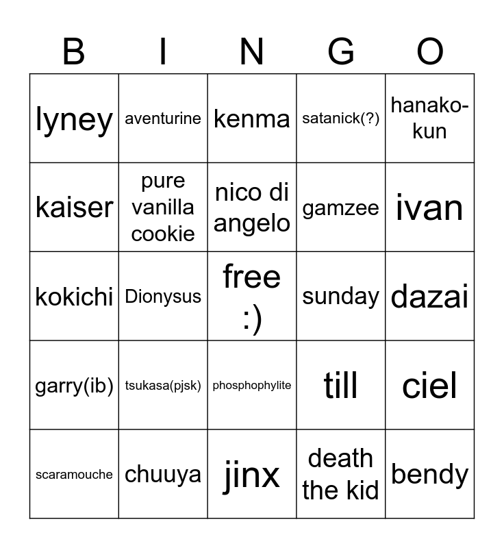 shadow milk fan fave characters Bingo Card