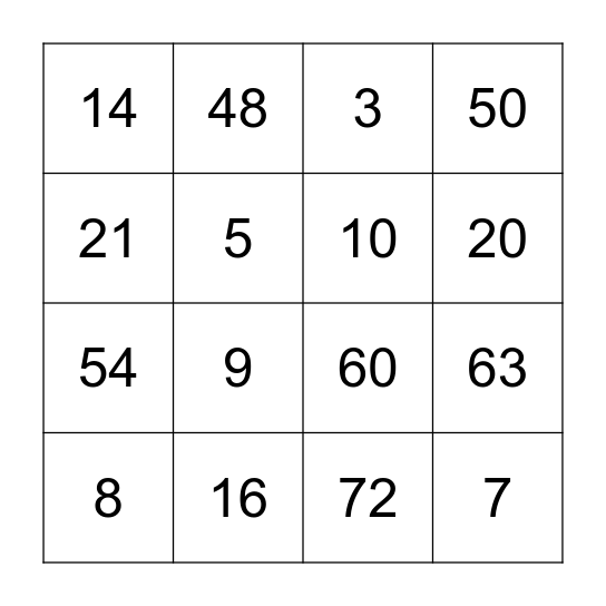 Bingo de Multiplicacion Bingo Card