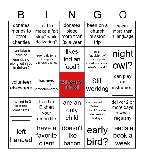 Meals on Wheels Bingo Card