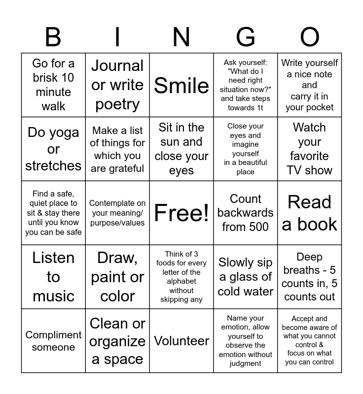 Coping Strategies Bingo Card