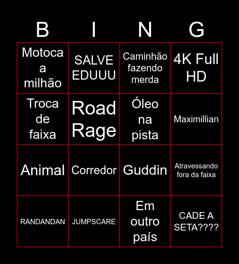 Xracing Sustos Bingo Card