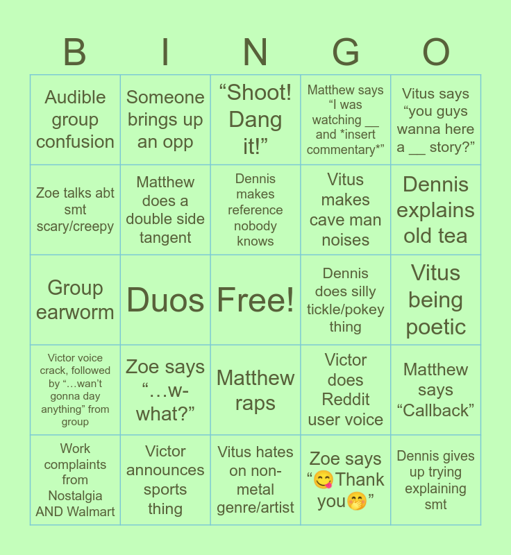 Secret Bingo for the Crew Bingo Card