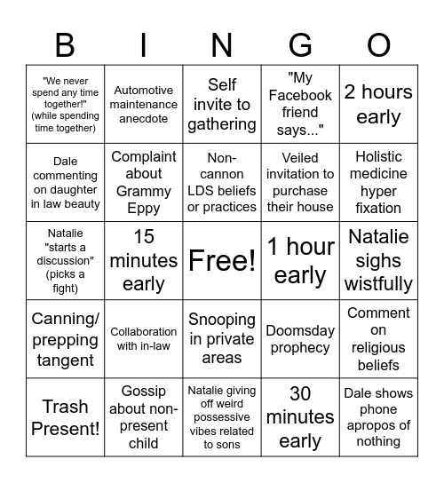 Natalie and Dale Bingo Card