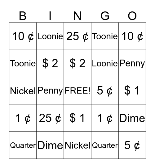 Money Bingo Card
