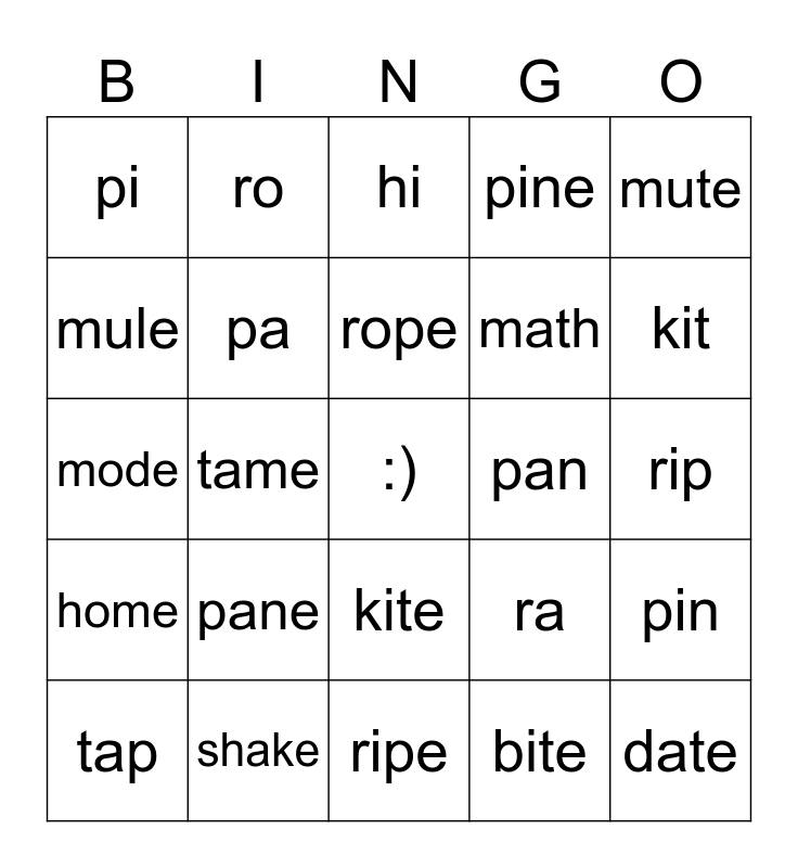 Long Vowel Bingo Card