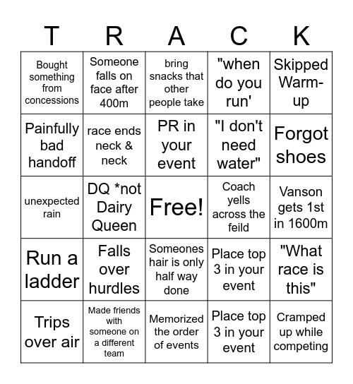 Track Meet BINGO Card