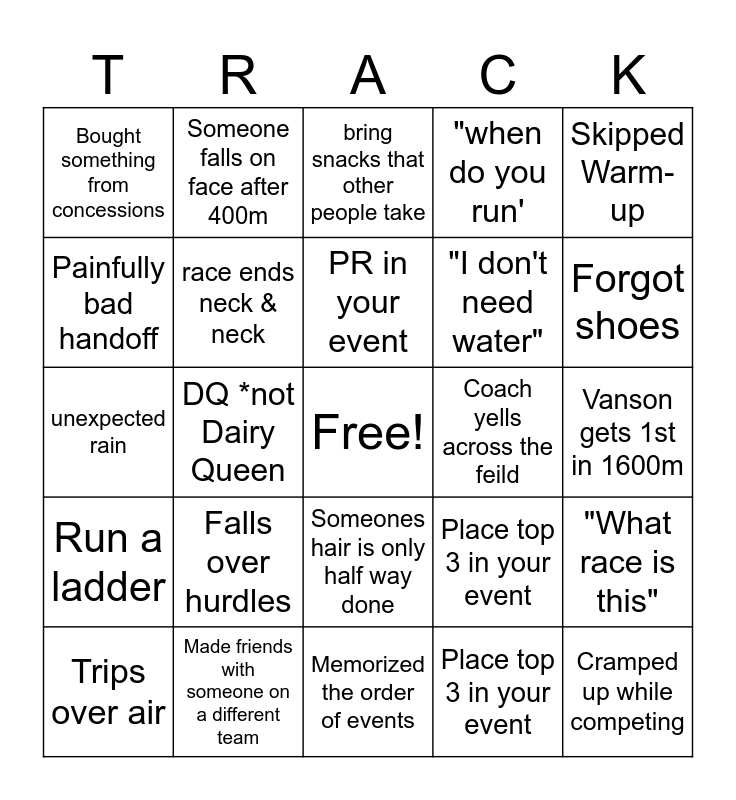 Track Meet BINGO Card