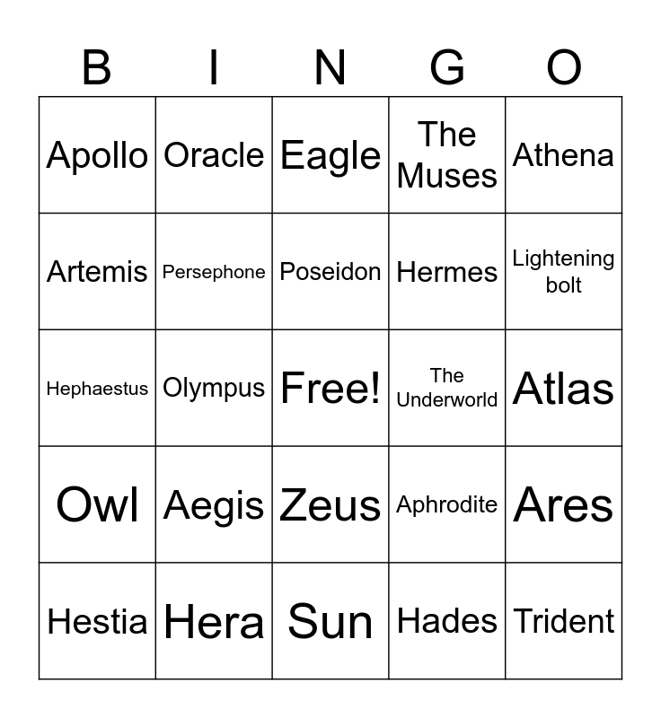 Greek Gods and Goddesses Bingo Card