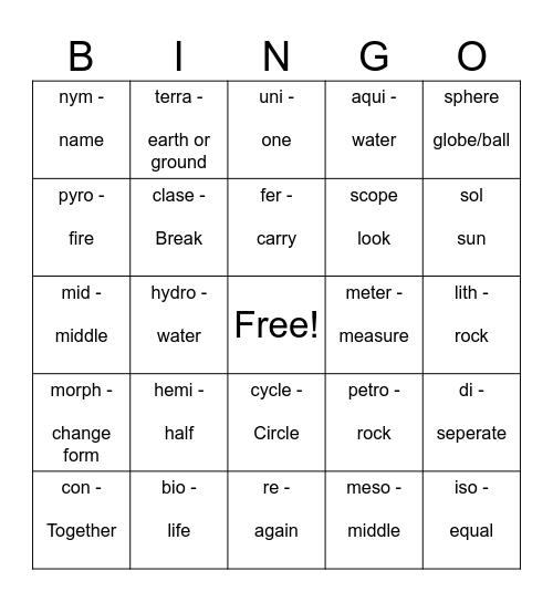 Root Word Bingo Card