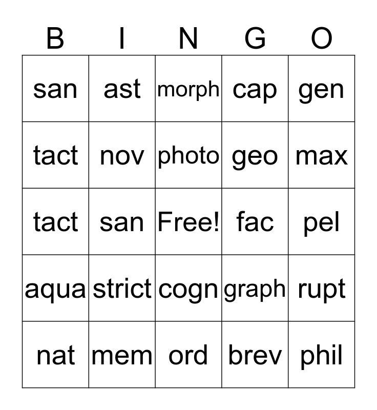 Greek and Latin Root Word Bingo (1-7) Bingo Card