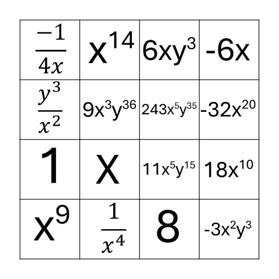 Simplifying Exponents Bingo Card