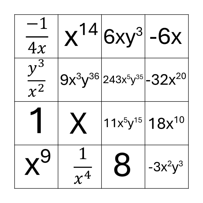 Simplifying Exponents Bingo Card