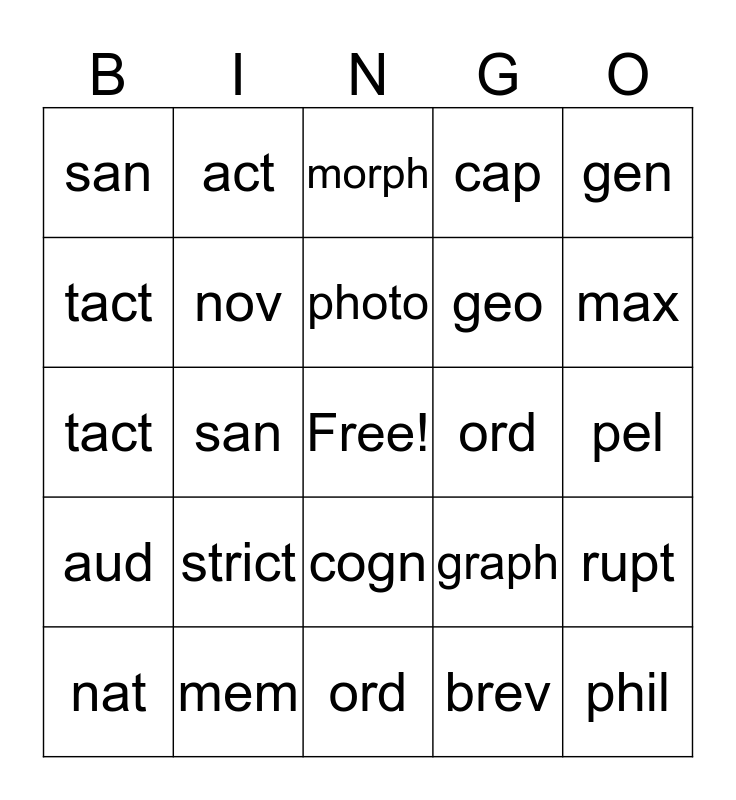 Greek and Latin Root Word Bingo (1-7) Bingo Card