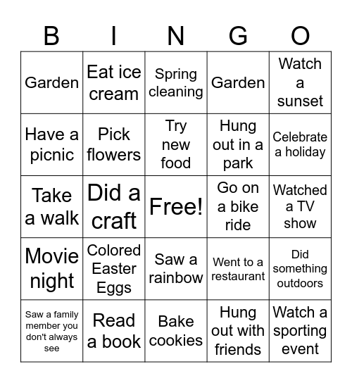 Back from Spring Break Bingo Card