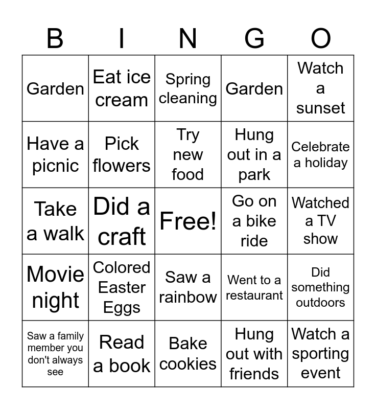 Back from Spring Break Bingo Card