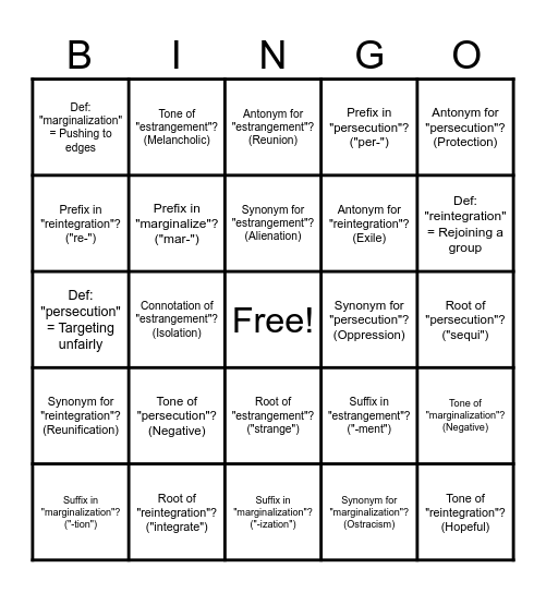 Vocabulary Bingo Card