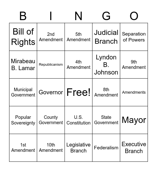 Government, Bill of Rights and Constitution Bingo Card
