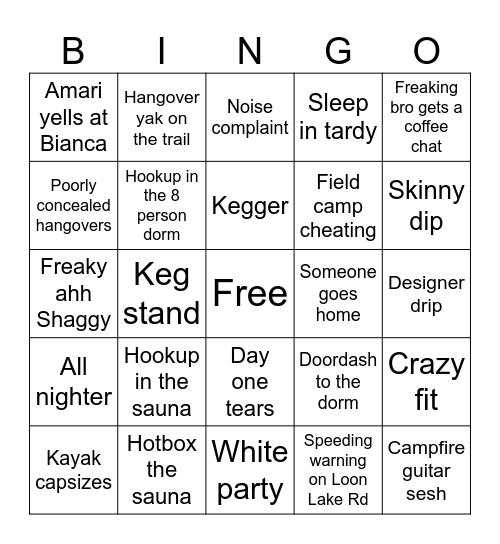 Field Camp Bingo Card