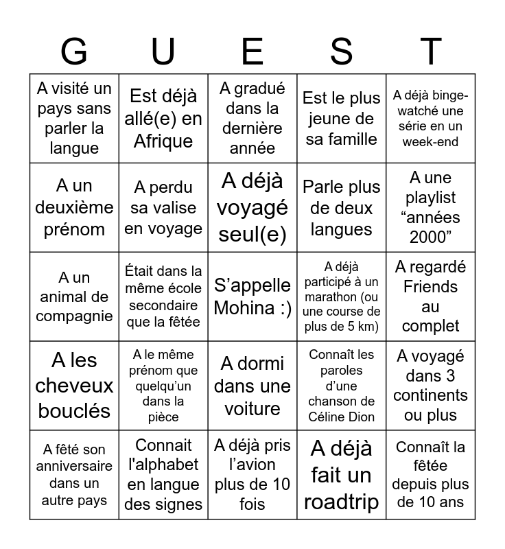 TROUVE QUELQU'UN QUI... Bingo Card