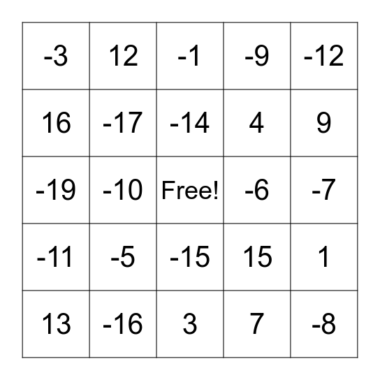 Integer Bingo Card