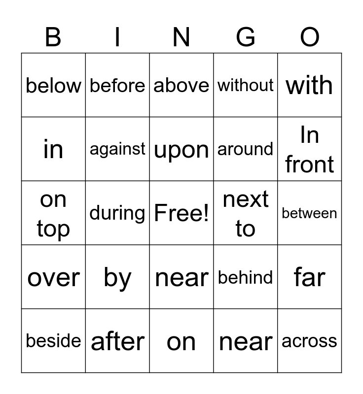 Prepositions Bingo Card