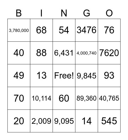 Numbers! Bingo Card