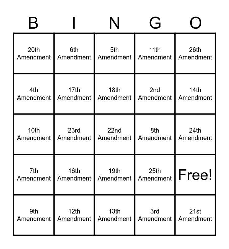 27 Amendments Bingo Card