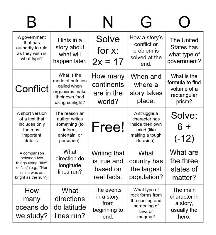 6th Grade Bingo Card