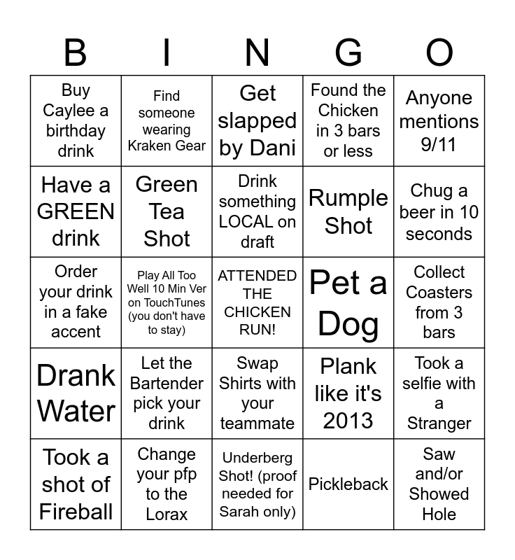 CHICKEN RUN BINGO Card