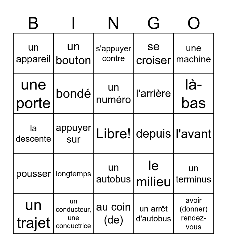 Bon Voyage 2 ch 10 Mots 2 Bingo Card