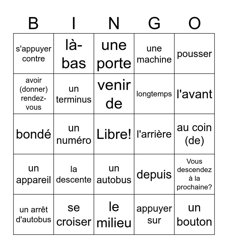Bon Voyage 2 ch 10 Mots 2 Bingo Card