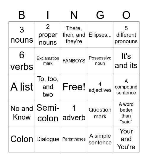 Grammar Bingo Card Grammar Bingo Card