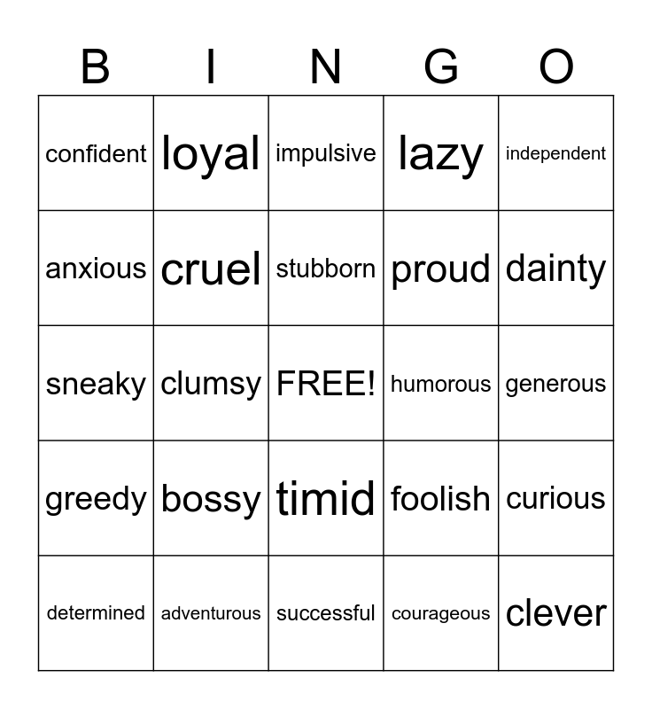 Character Traits Bingo Card