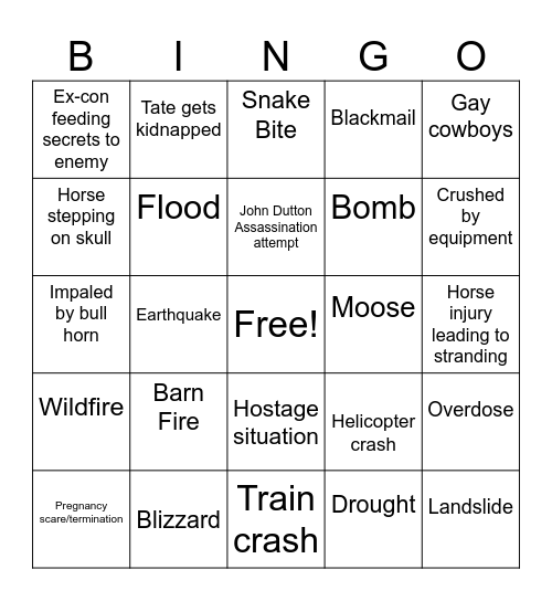 Yellowstone Bingo Card