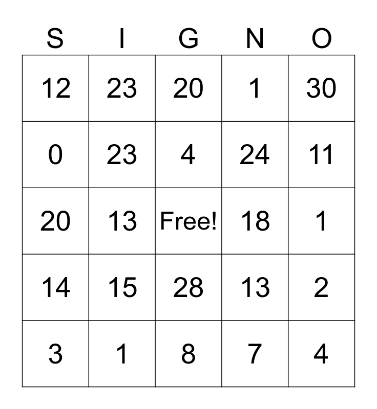 Numbers 1-30 Bingo Card