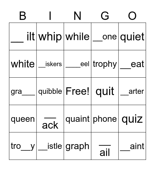 qu wh ph Digraph Bingo Card