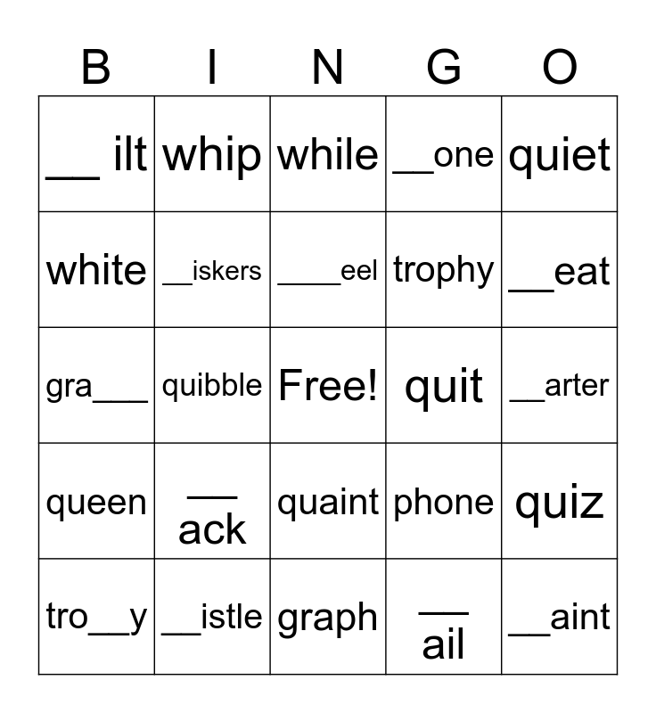 qu wh ph Digraph Bingo Card