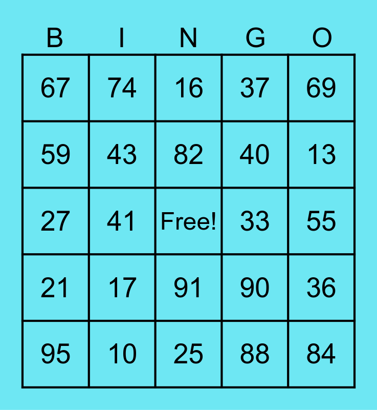 Minus Ten Bingo Card