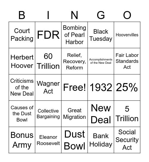 Great Depression Bingo Card