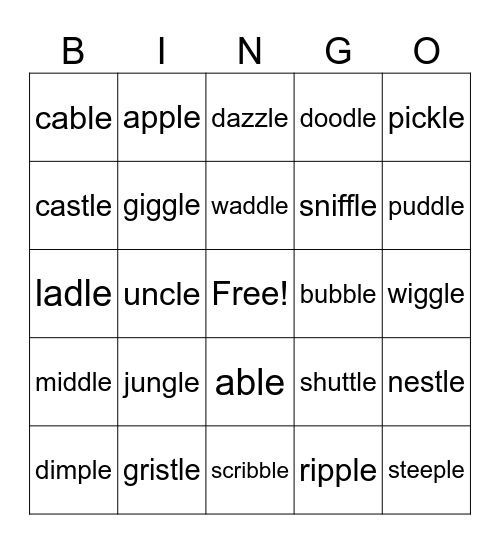 Final Stable Syllable Bingo Card