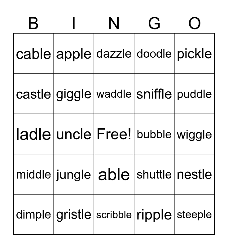 Final Stable Syllable Bingo Card
