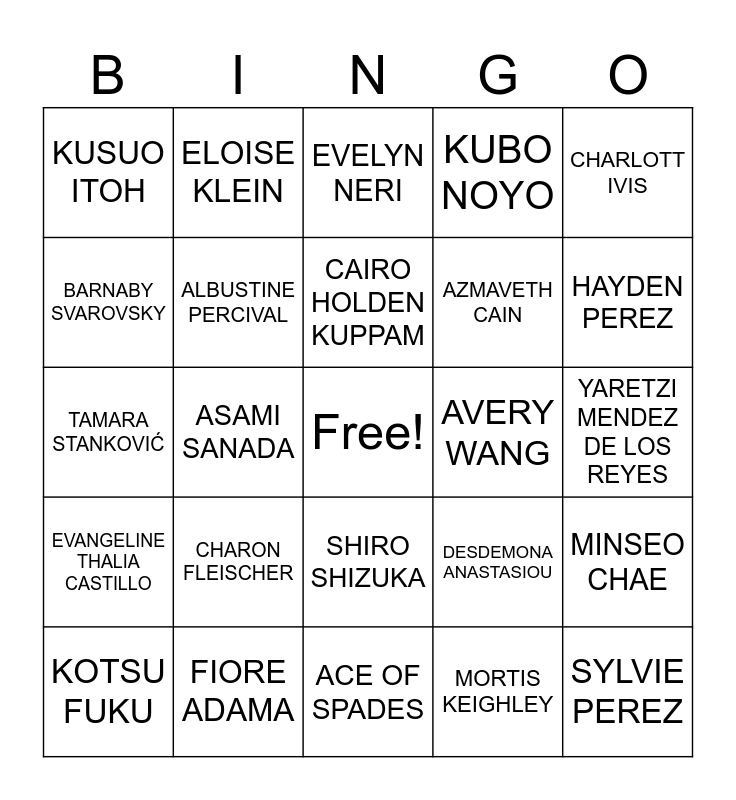 Marione Cast Reveal Bingo Card