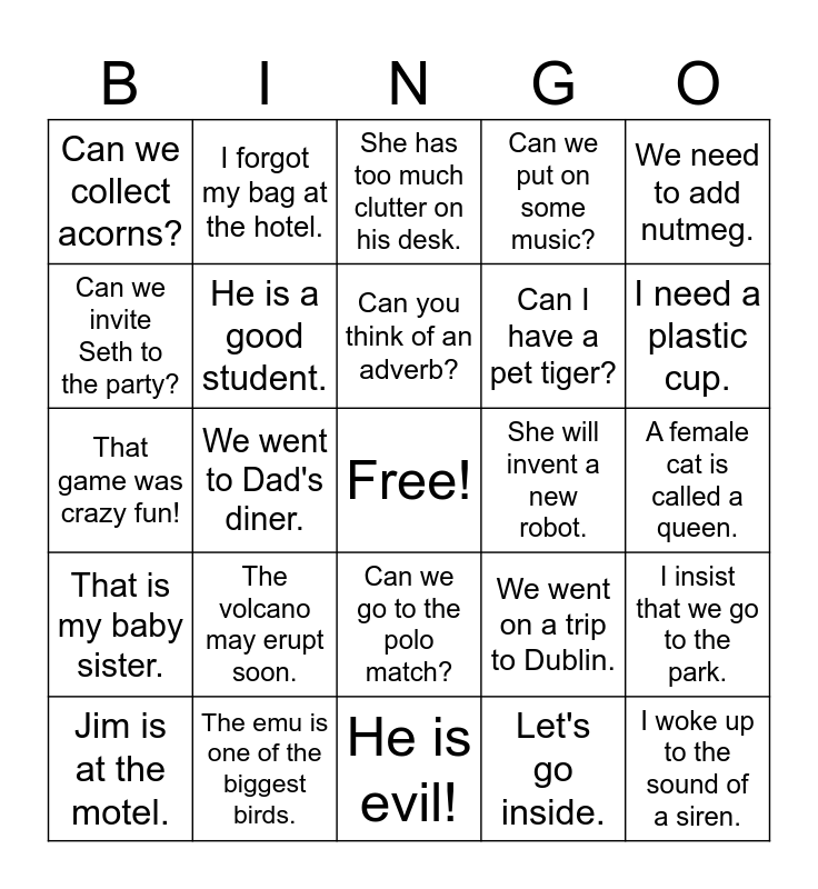 Open Syllable Sentence Bingo Card