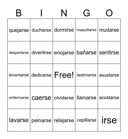 Reflexive Verbs Bingo Card