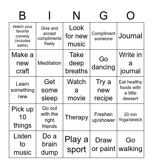 Anxiety and Depression Coping Skills Bingo Card