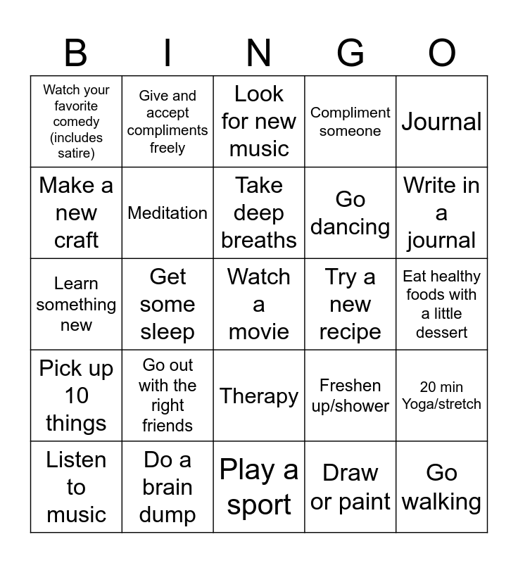 Anxiety and Depression Coping Skills Bingo Card